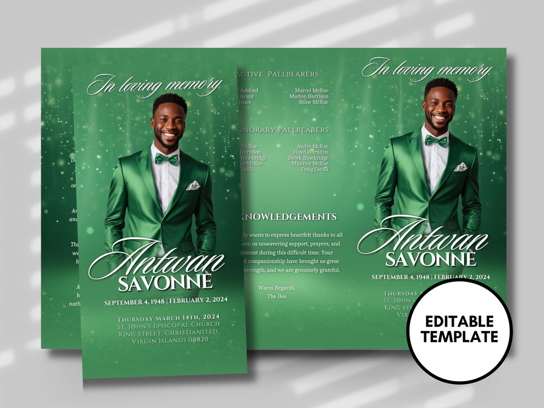 Mens Green Sparkle Funeral Program Template: Trifold Brochure (17x11 ...
