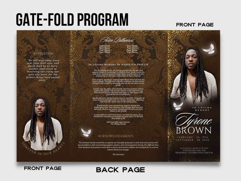 Brown Gatefold Funeral Program Template: Gold & Bronze Celebration of ...