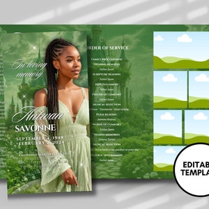 Funeral Program 17"x11"editable Template TRIFOLD Women Green in Loving ...
