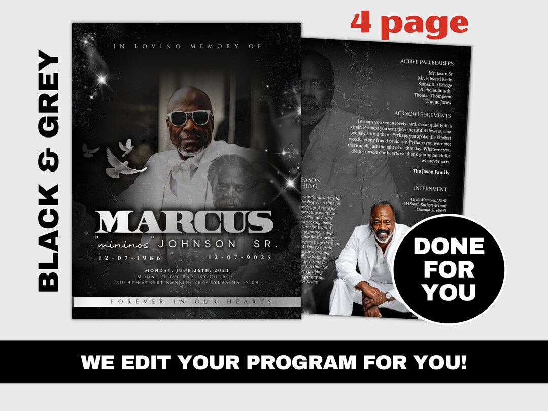Black and Grey Magazine Style Memorial Program Men's Style Funeral ...