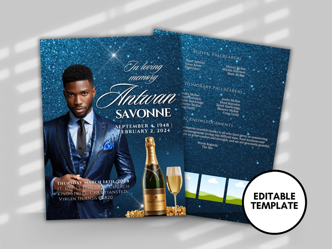 Men's Blue Glitter Funeral Program Template: Editable 8.5x11 (DIY Canva ...