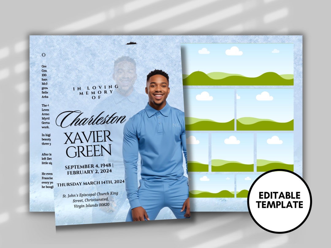 Men's Funeral Program Template: Blue & Silver, 8-page (editable Canva ...
