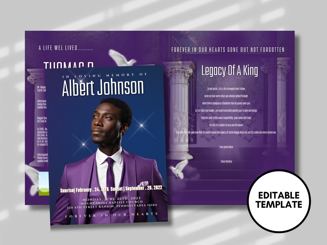 Purple Obituary Template: Men's Funeral Program, Celebration of Life ...