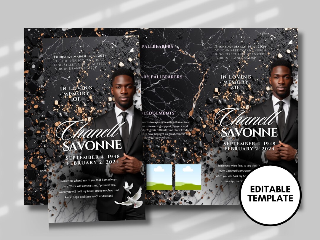 Black Luxury Funeral Program Template: Mens Trifold Brochure (17x11 ...