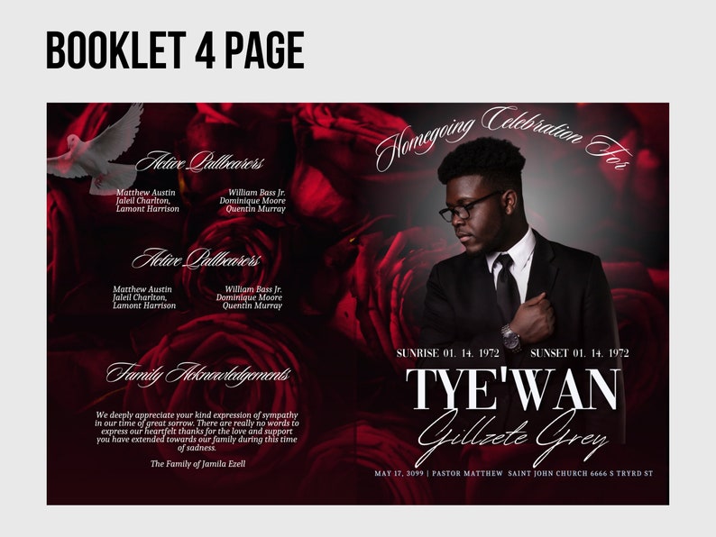 Red Rose Funeral Program: Celebration of Life Keepsake (digital ...