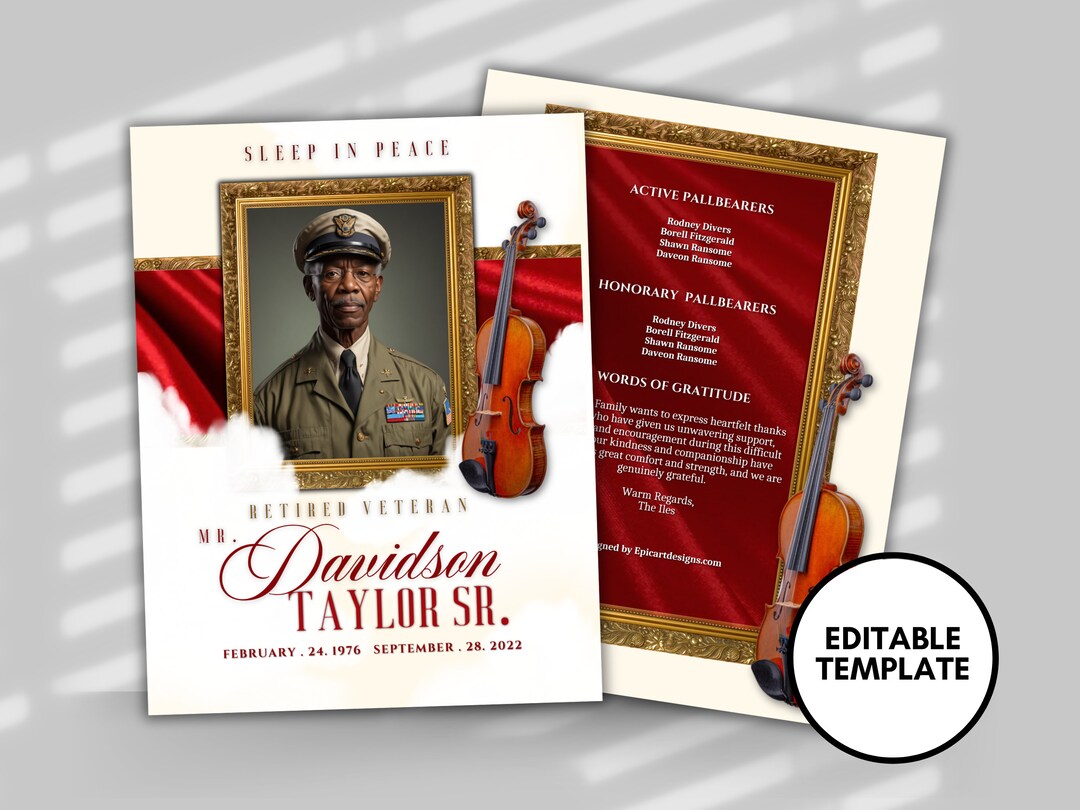 Funeral Programs Editable Template 2 Page 8.5x11 Mens Red VETERAN'S ...