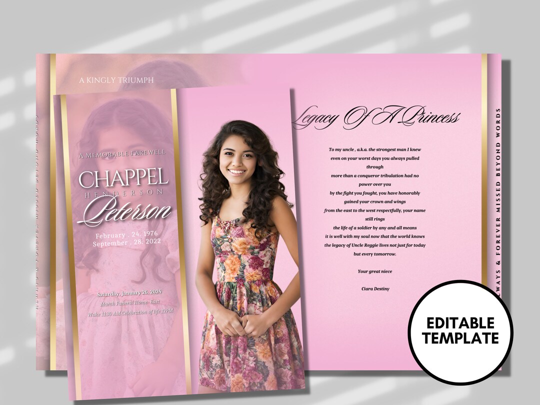 8.5"x 11" Pink Women's Obituary Template (8 Pages) Women's Style ...