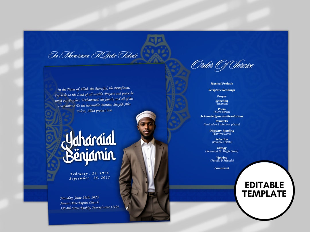 8.5"x 11" Islamic Royal Blue Funeral Template (8 Pages) Men's Muslim ...