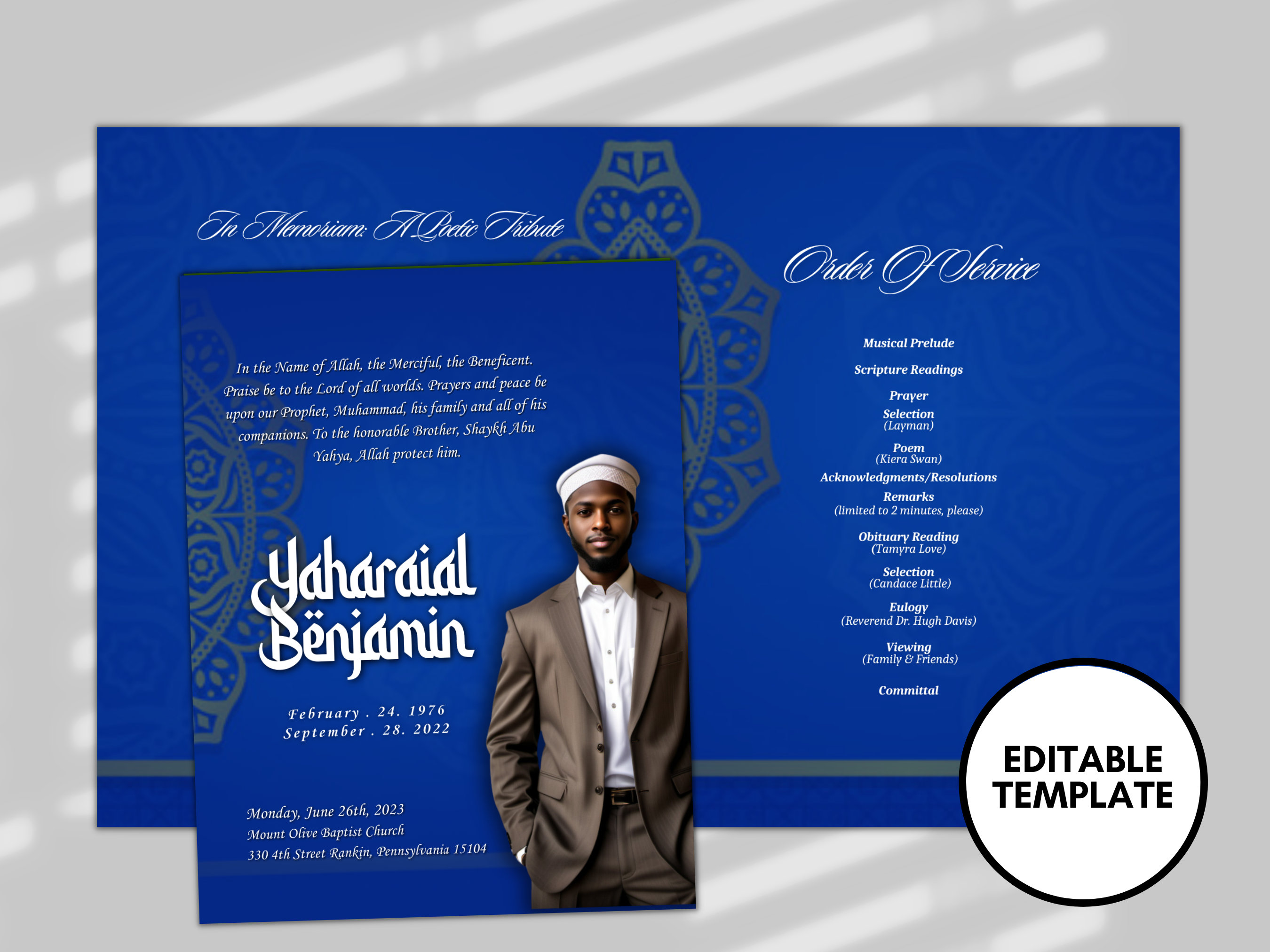 8.5x 11 Islamic Royal Blue Funeral Template 8 Pages Men's Muslim Style ...