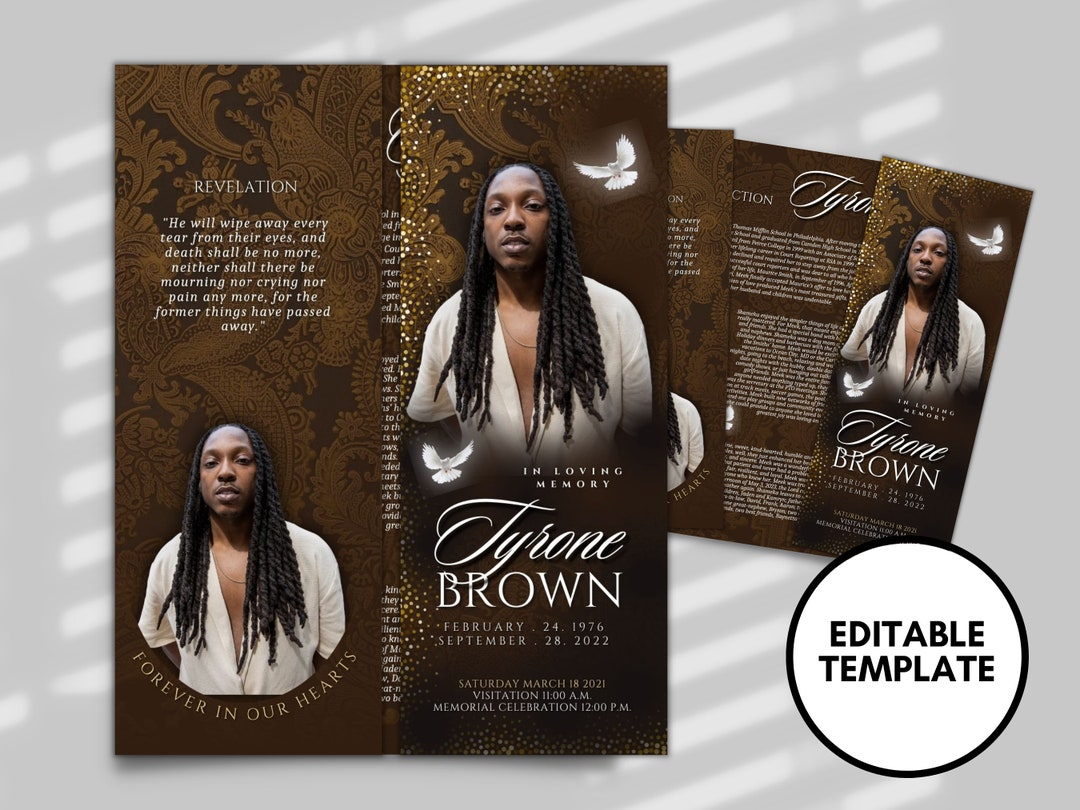 Brown Gatefold Funeral Program Template: Gold & Bronze Celebration of ...