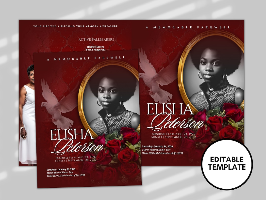 8.5"x 11" Maroon Bouquet Obituary Template (8 Pages)red Style Funeral ...