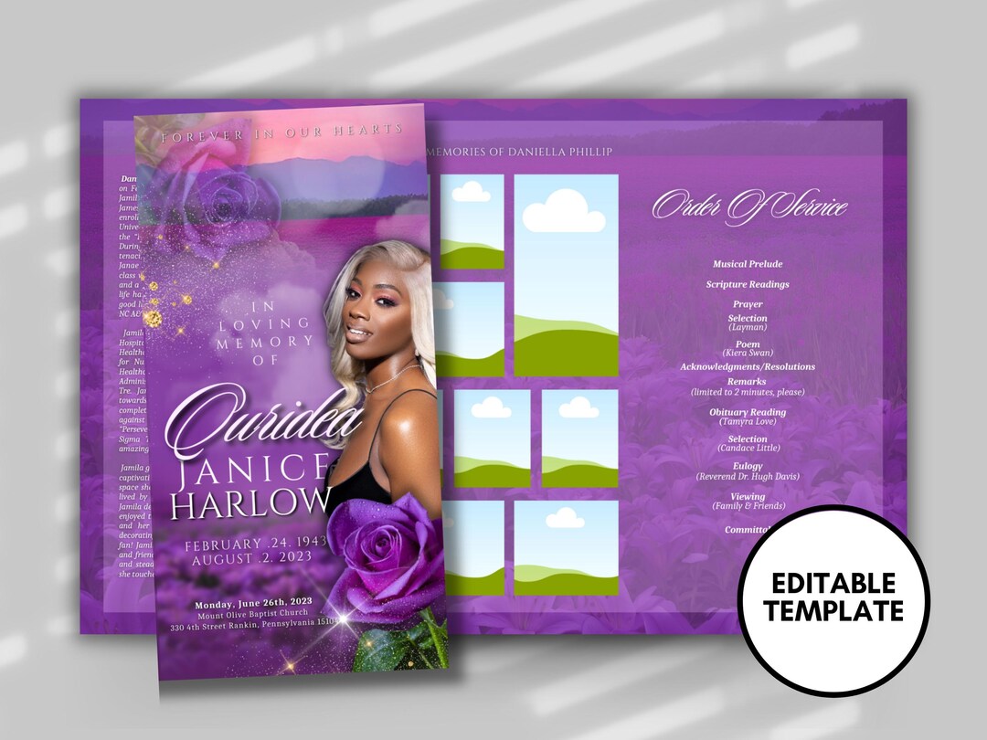 17"x11" FUNERAL OBITUARY TEMPLATE (2 Pages) |purple & Pink Funeral ...