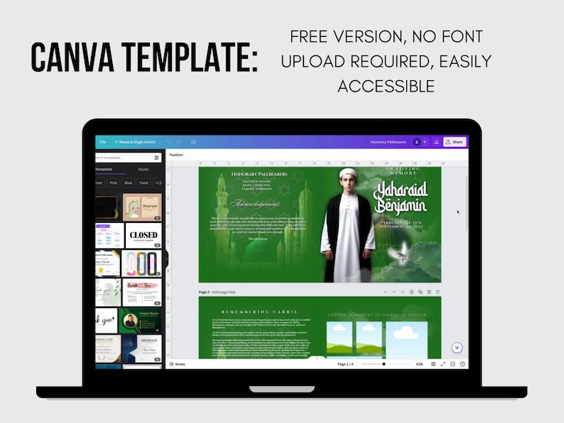 Islamic Funeral Program Template: Green Obituary, Celebration of Life ...