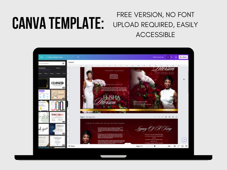 Red Rose Funeral Program Template: Celebration of Life (canva, 8.5x11 ...
