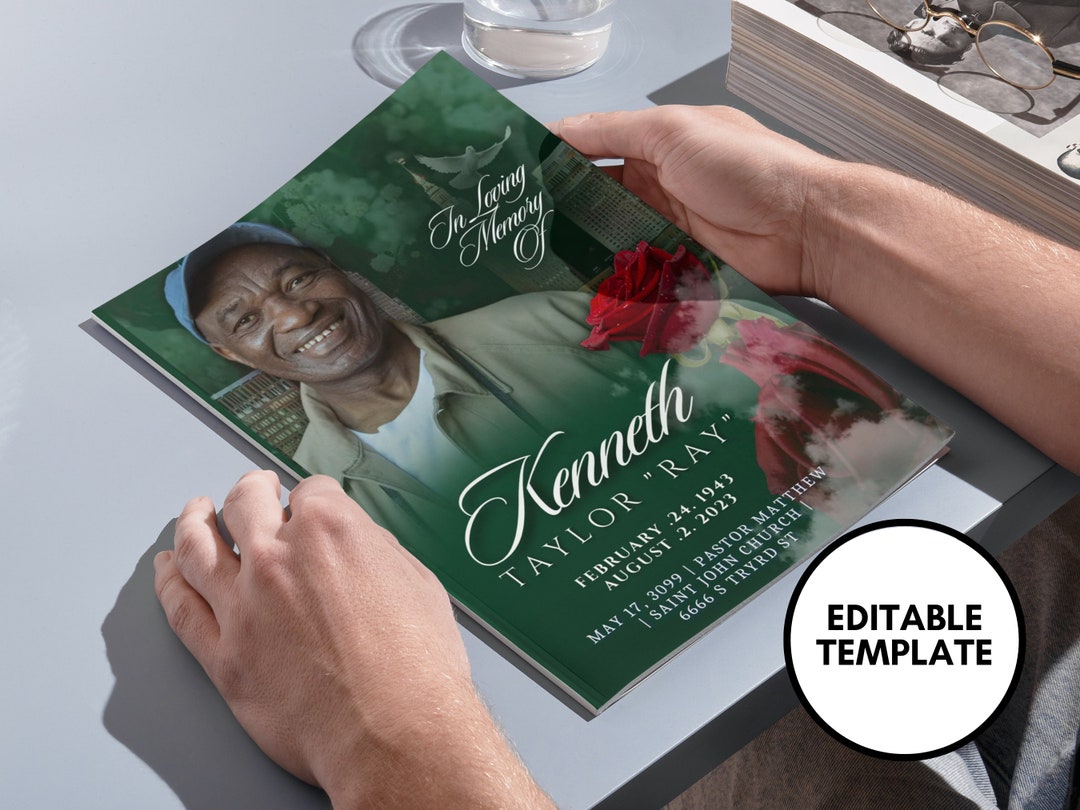 Green Funeral Program Template: 4-page Memorial Booklet (digital ...