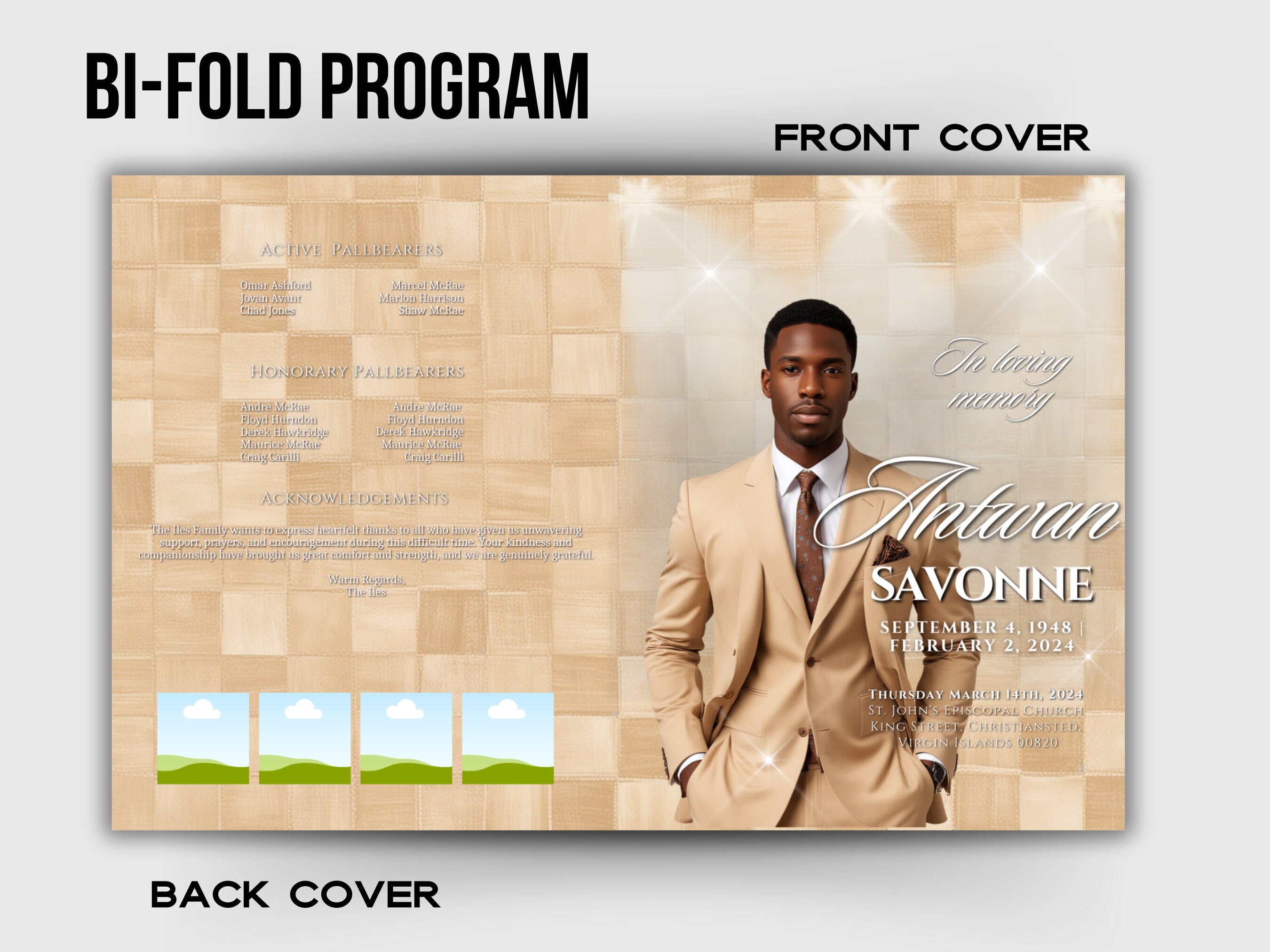 Men's Funeral Program Template: Beige Obituary Booklet (8 Page Editable ...