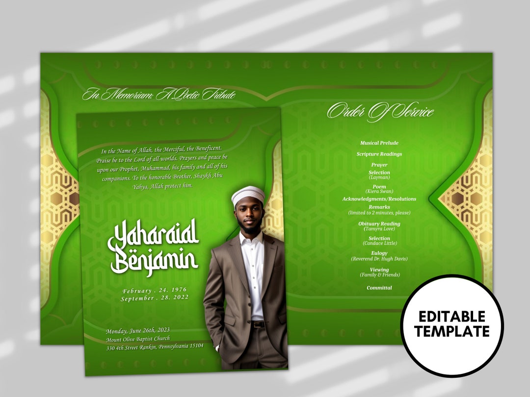 Islamic Funeral Program Template: Green Obituary, Celebration of Life ...