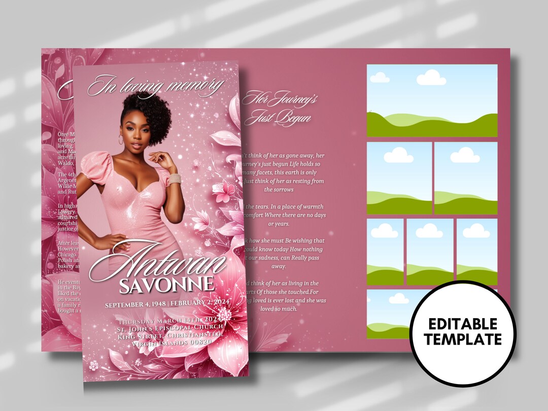 Pink Sparkle Funeral Program Template: Trifold Memorial Booklet (17x11 ...