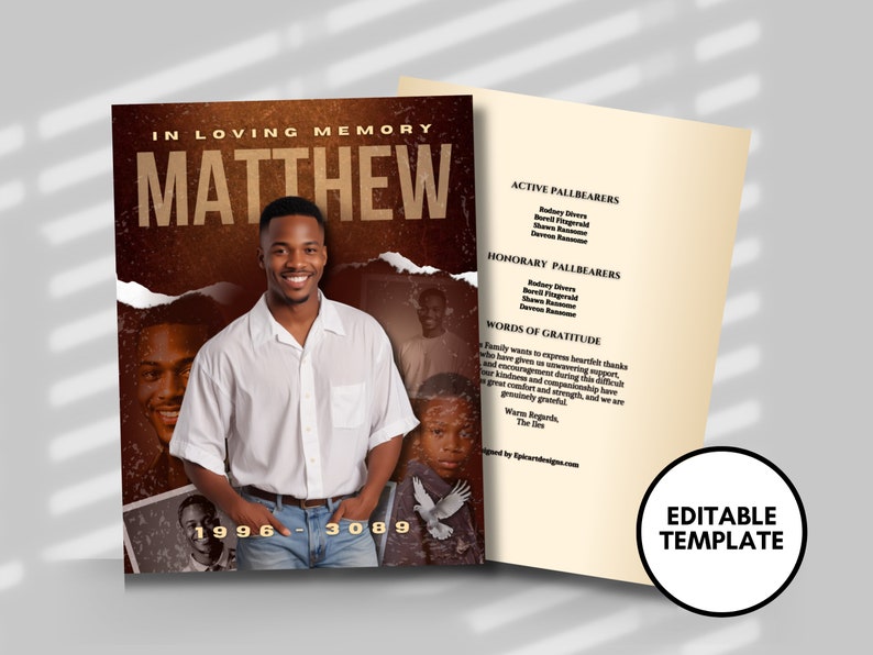Mens Brown Funeral Program Template: Classy in Loving Memory (canva, 8 ...