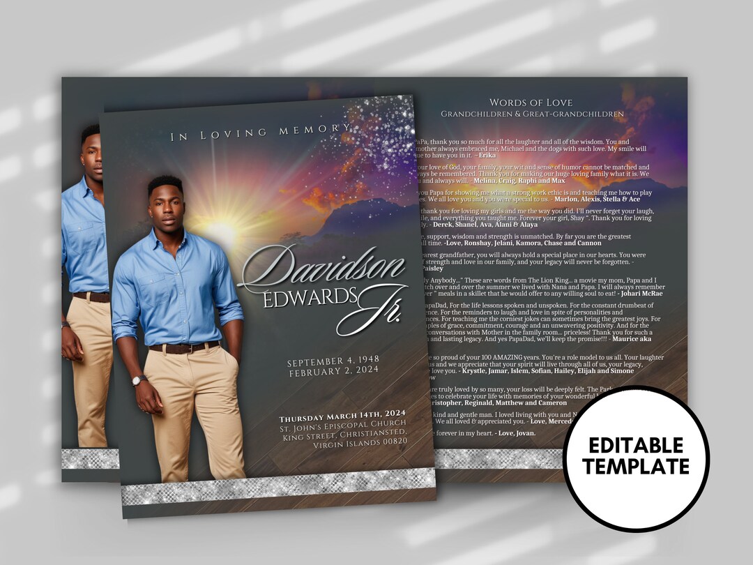 Funeral Programs 8.5X11 Editable Template 8 Page Mens Grey Nature ...