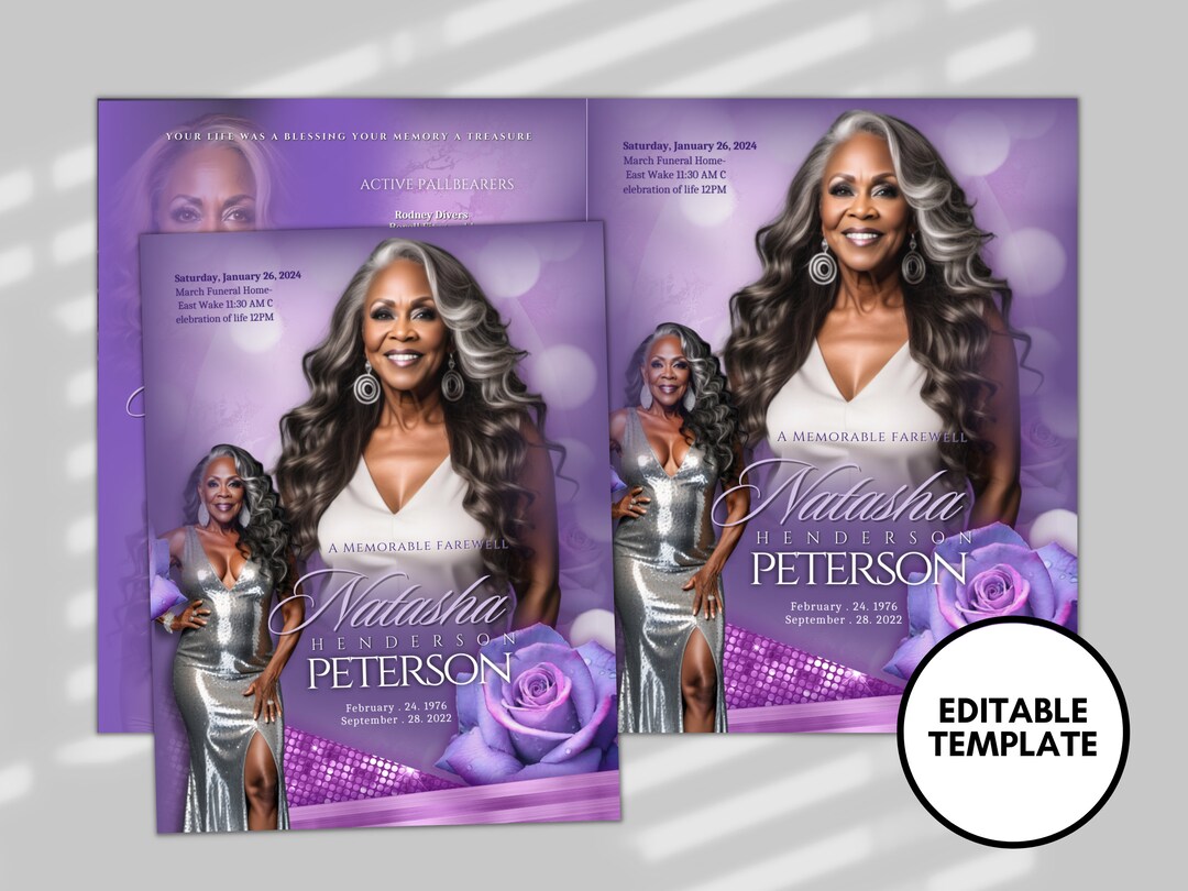 8.5"x 11" PURPLE FLOWER Obituary Template (4 Pages)pink Style Funeral ...