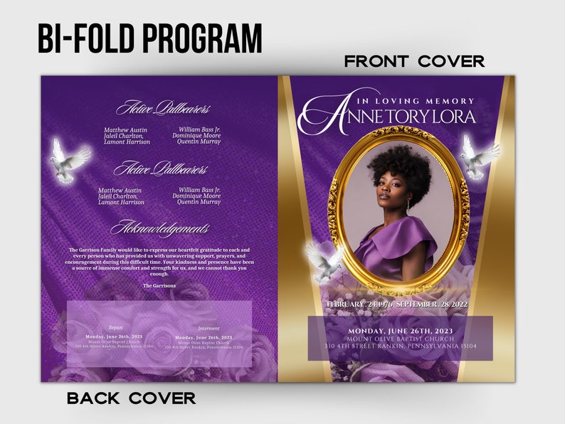 Purple Funeral Program Template: Celebration of Life Keepsake (digital ...