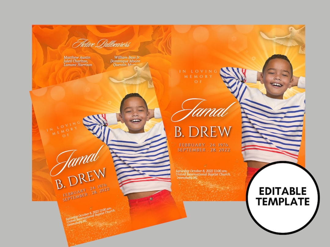 Orange Funeral Program Template: Celebration of Life, Keepsake (digital ...