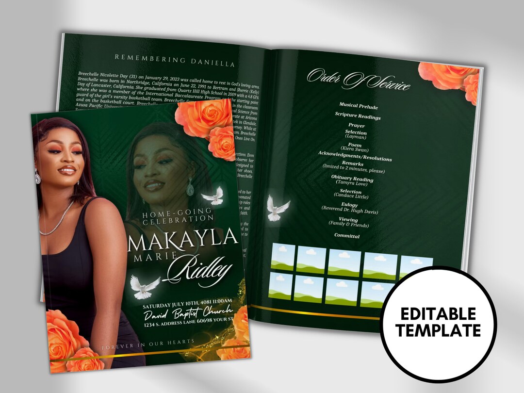 Emerald Green Funeral Program Template: Celebration of Life (digital ...