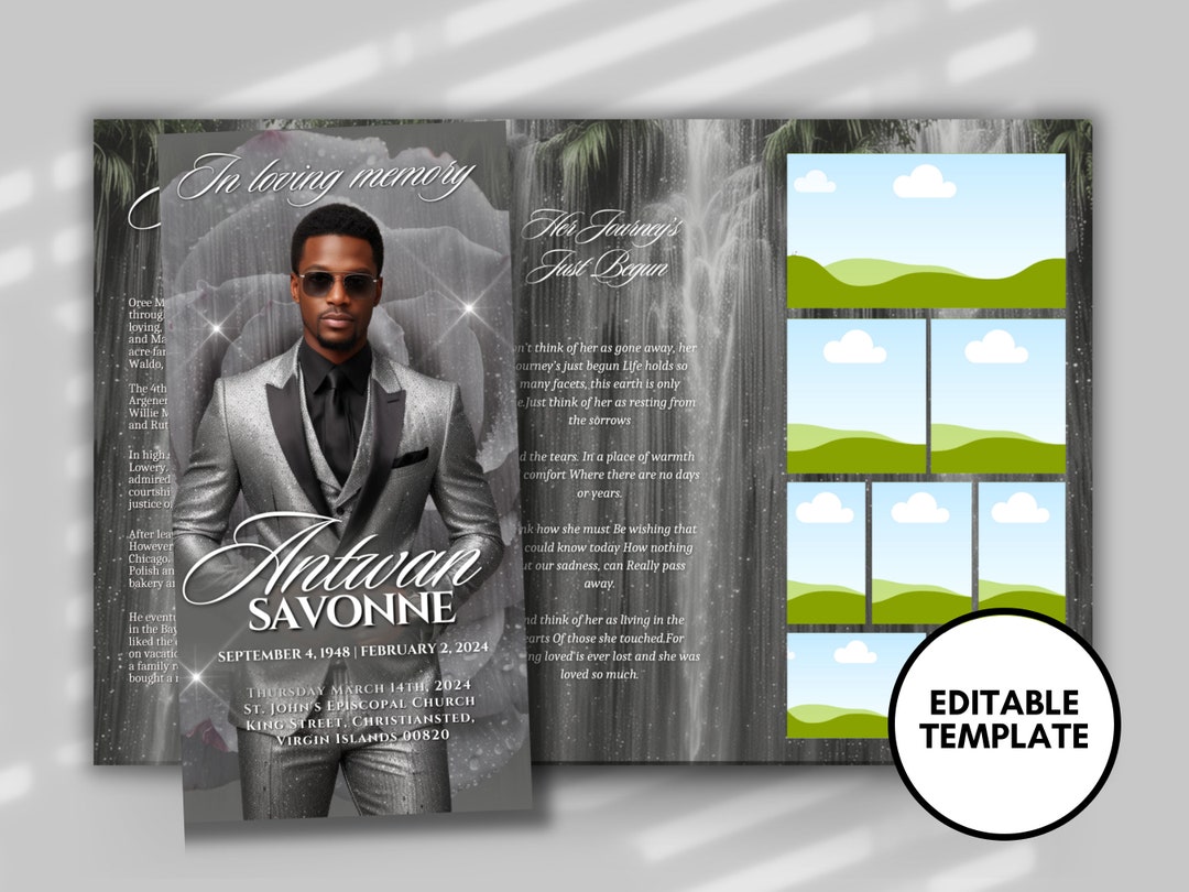 Men's Silver Funeral Program Template: Trifold Memorial Booklet (11x17 ...