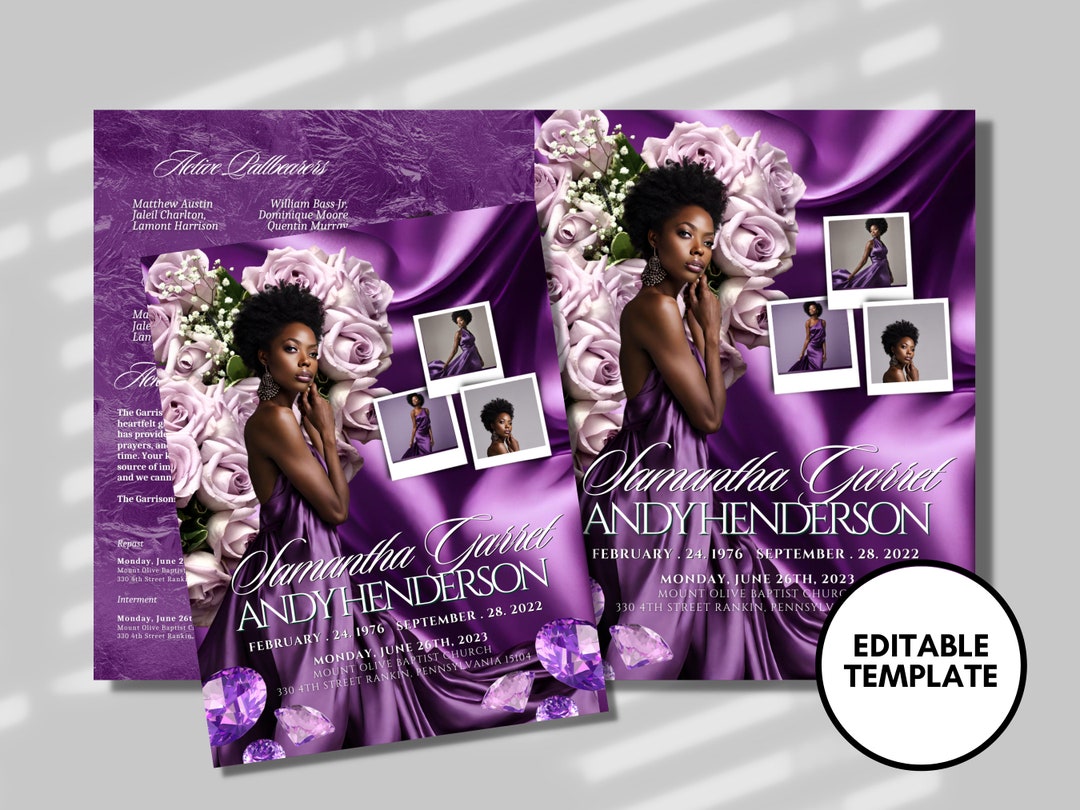 Purple Satin 8.5x11 Memorial Program (8 Pages) | Flower Purple Funeral ...