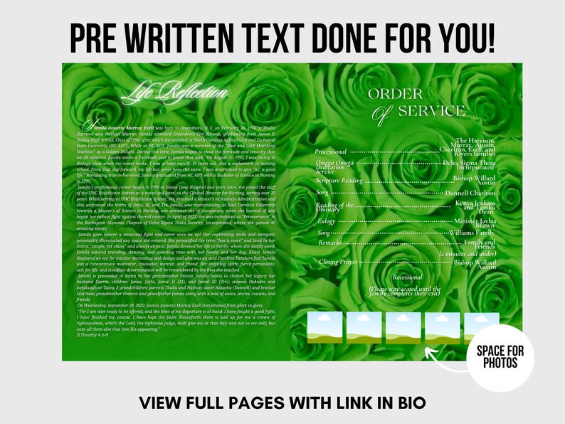 8.5x11 BOOKLET Memorial Program 4 Pagesgreen Style Funeral Program ...