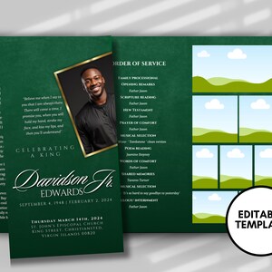 Funeral Programs 17x11 Editable Template TRIFOLD Mens Emerald & Gold ...