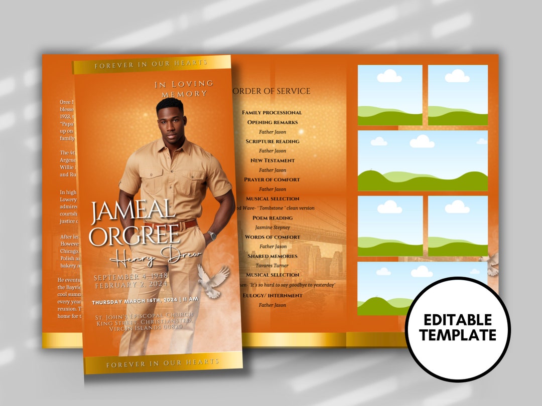 Men's Orange Funeral Program Template: Trifold Brochure (17x11 Editable ...