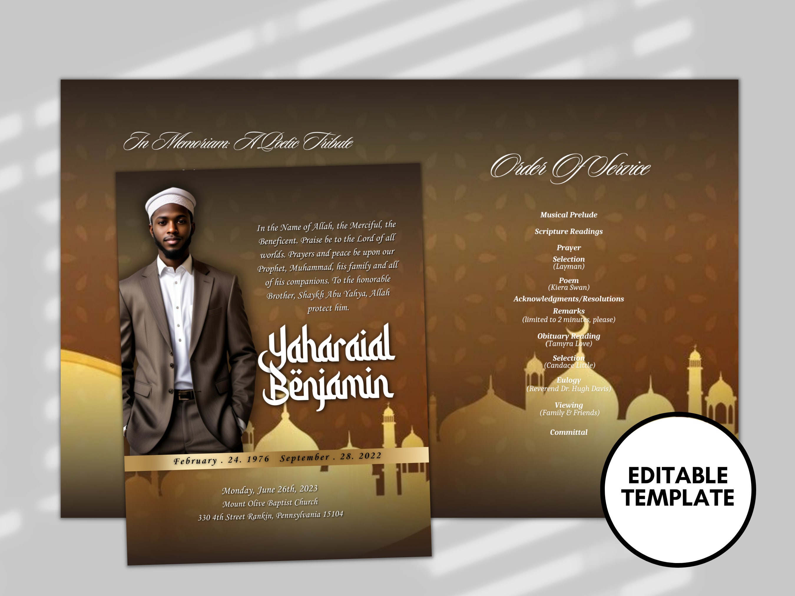 Islamic Funeral Program Template: Golden Obituary, Men's Style (canva ...