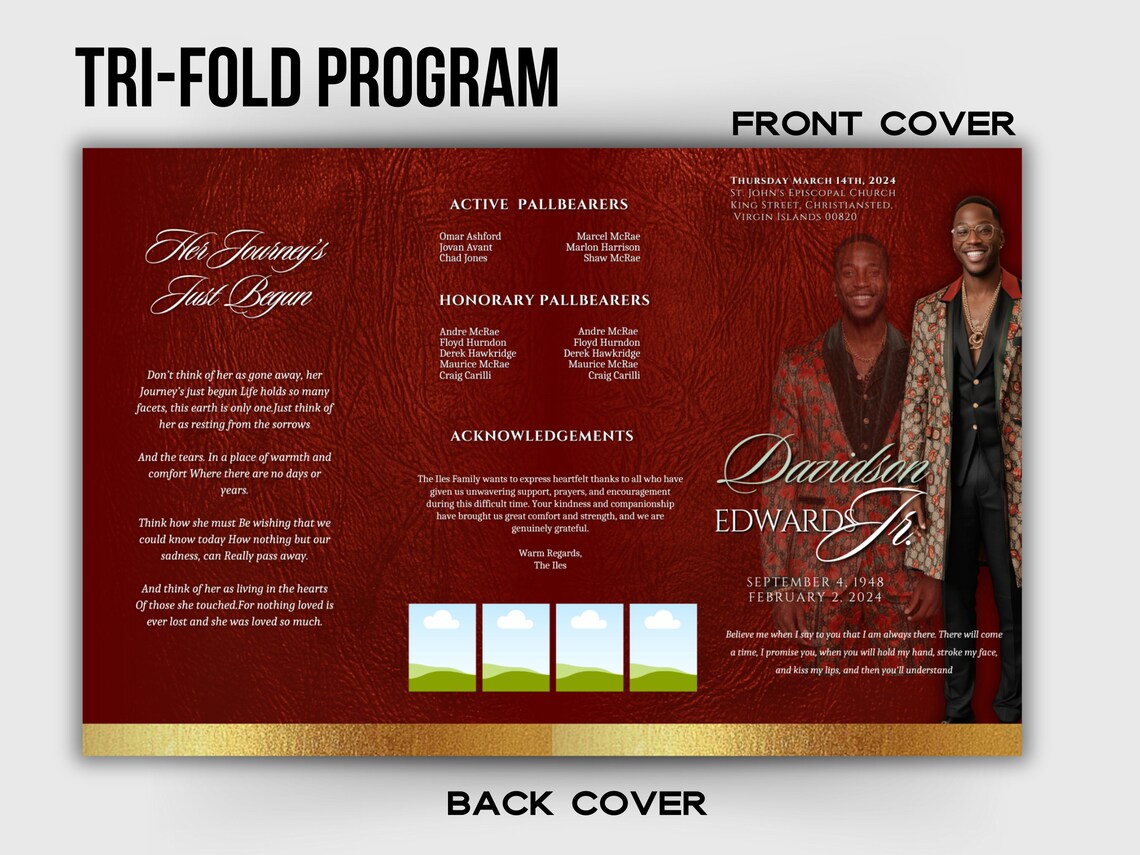 Red Vintage Funeral Program Template: Mens Trifold Brochure (17x11 ...