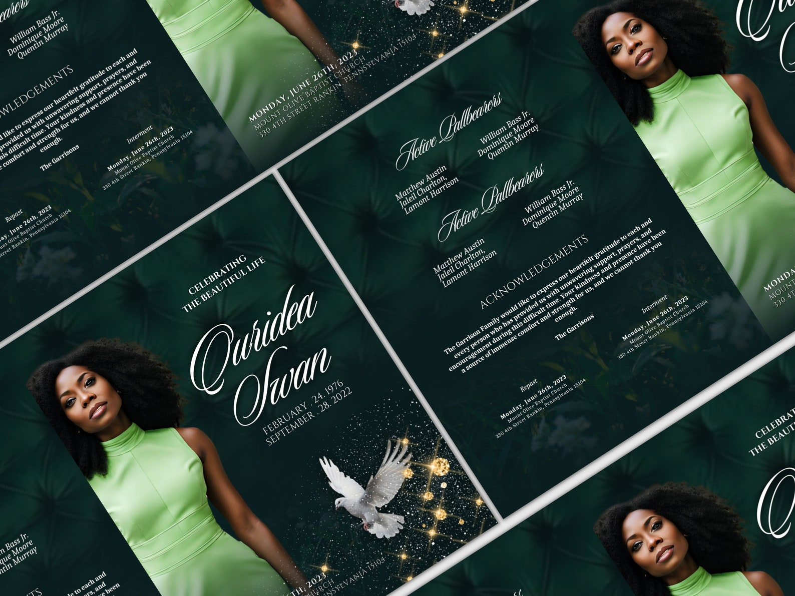 8 PAGE 8.5x11 BOOKLET Memorial Program Luxury Green Funeral Program ...