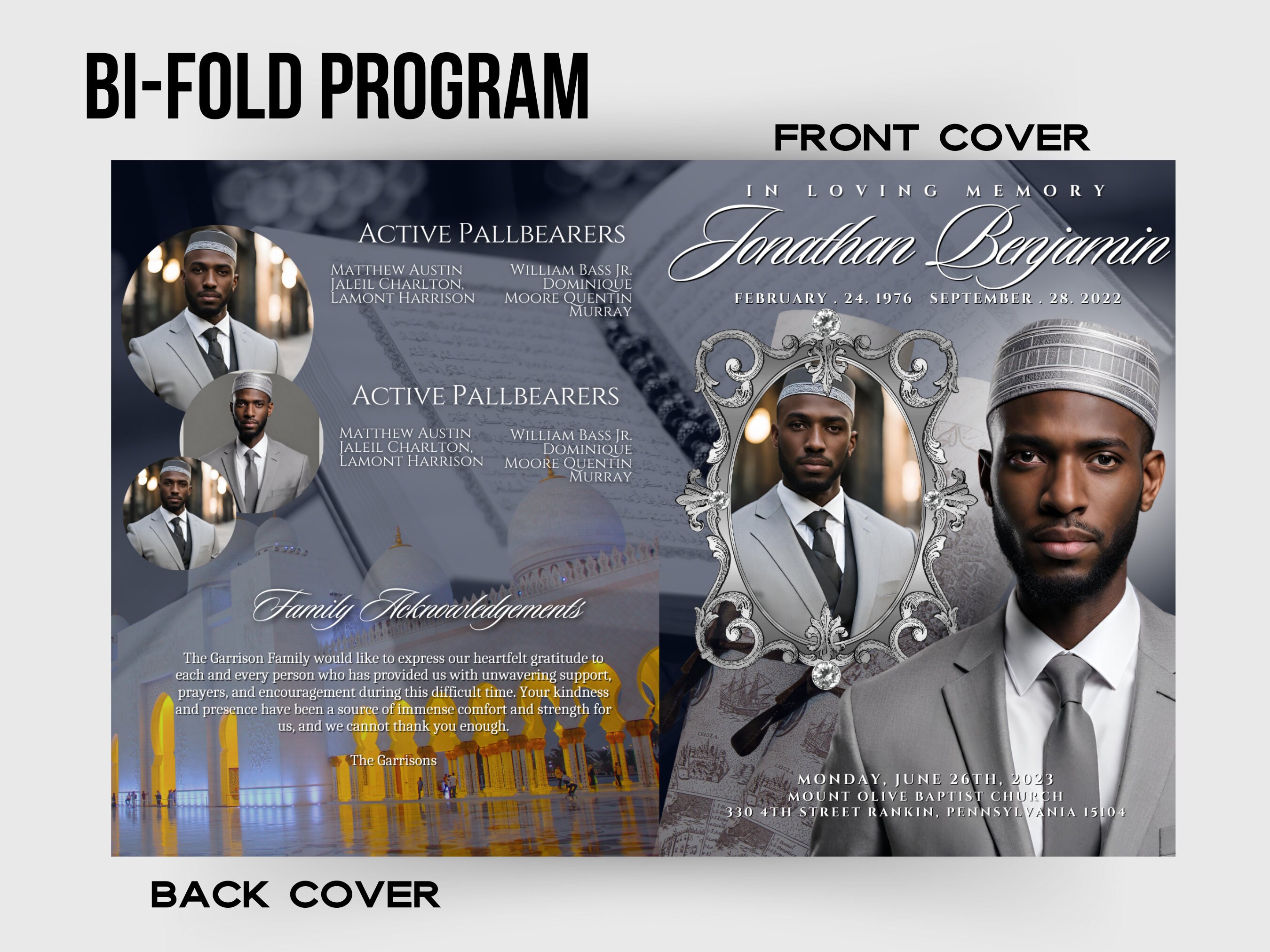 Men's Muslim Style Obituary Template: Dark Gray Funeral Program (canva ...