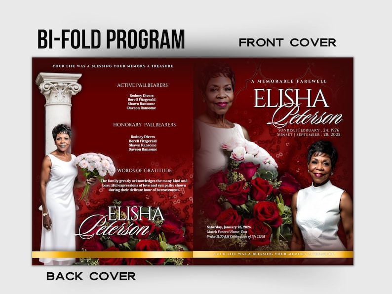 Red Rose Funeral Program Template: Celebration of Life (canva, 8.5x11 ...