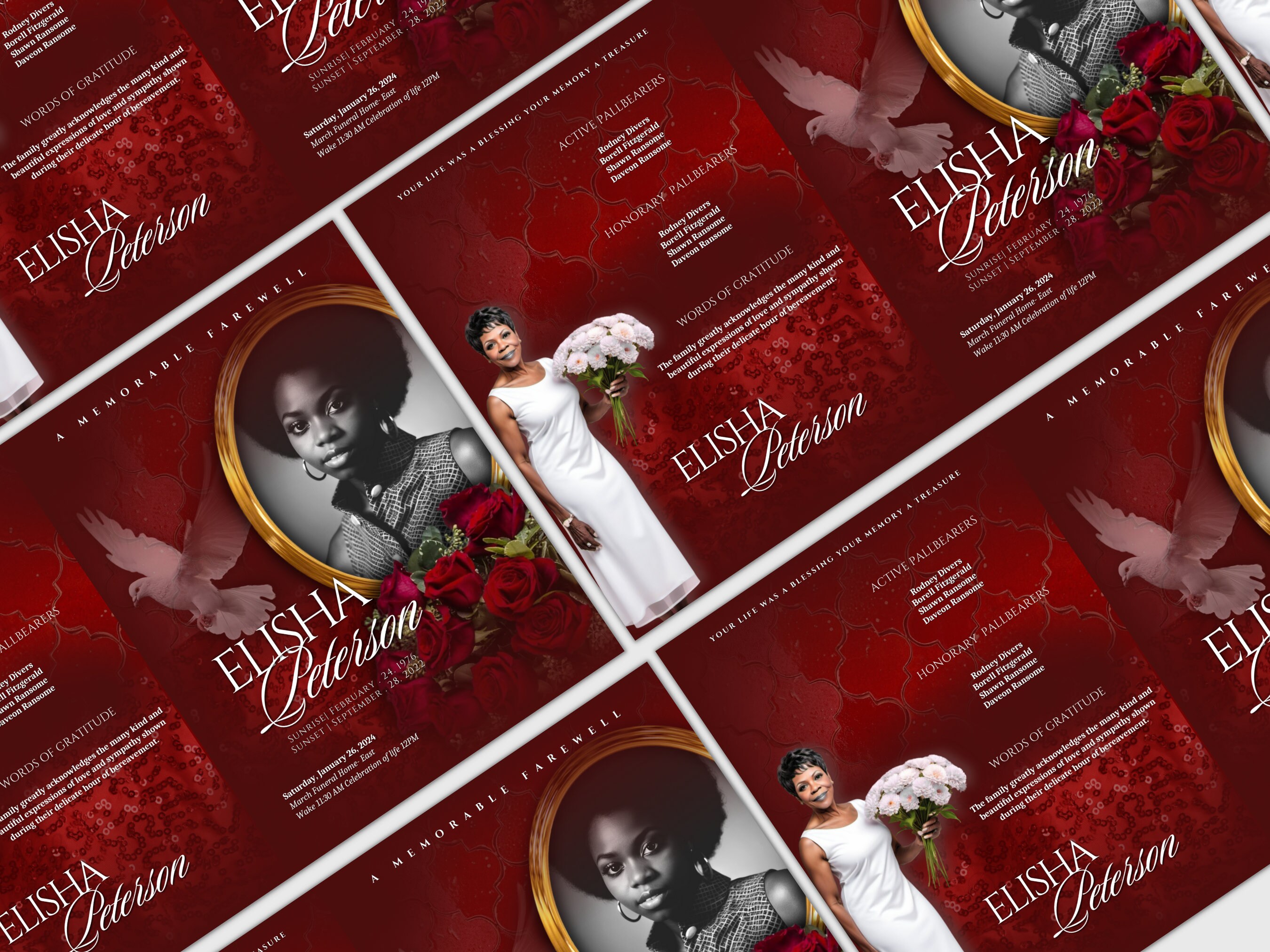 Maroon Funeral Program Template: Gold Rose Obituary (canva, 8.5x11, 8 ...