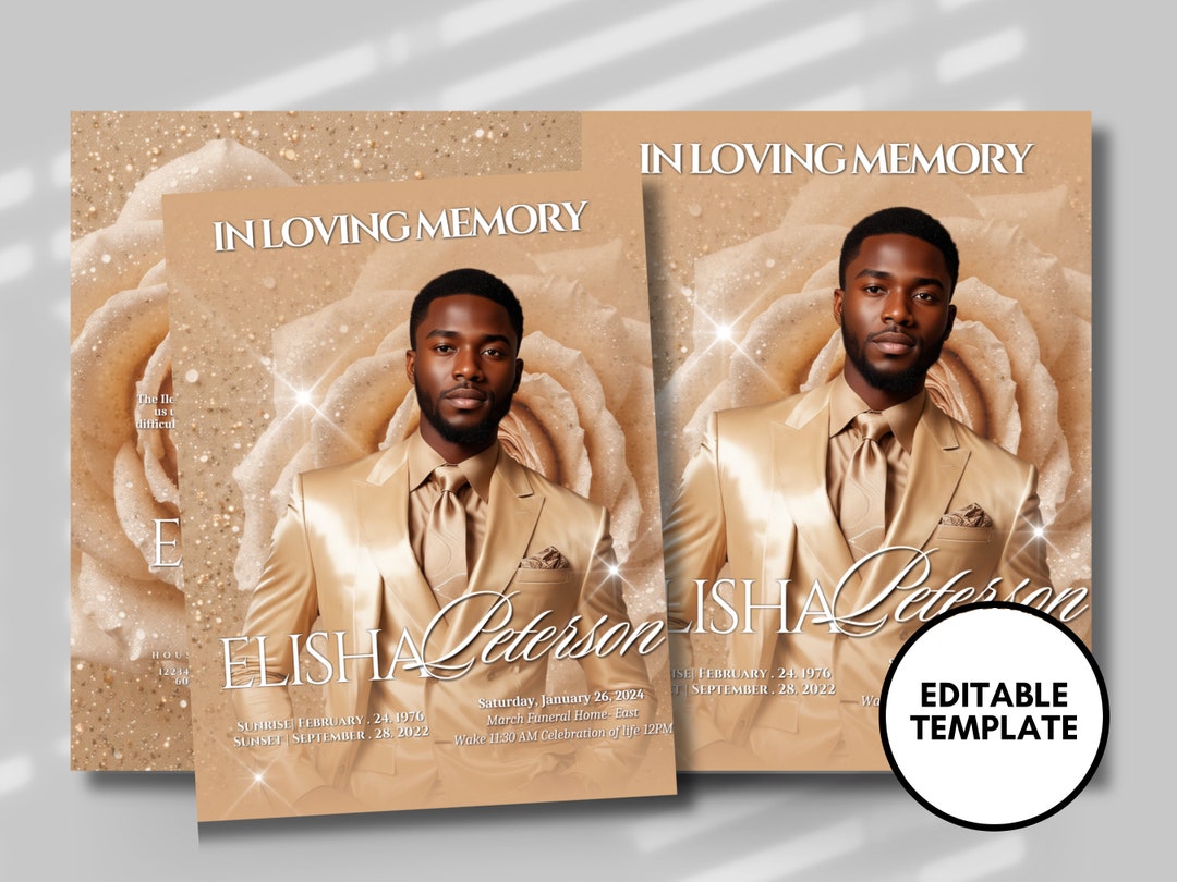 Funeral Programs 8.5X11 Editable Template 8 Page Men's Beige Sparkle ...