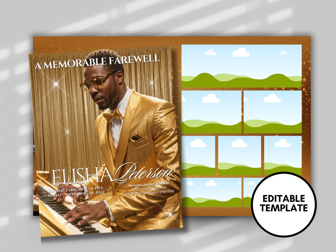 Funeral Programs 8.5X11 Editable Template 8 Page Men's Gold Glitter in ...