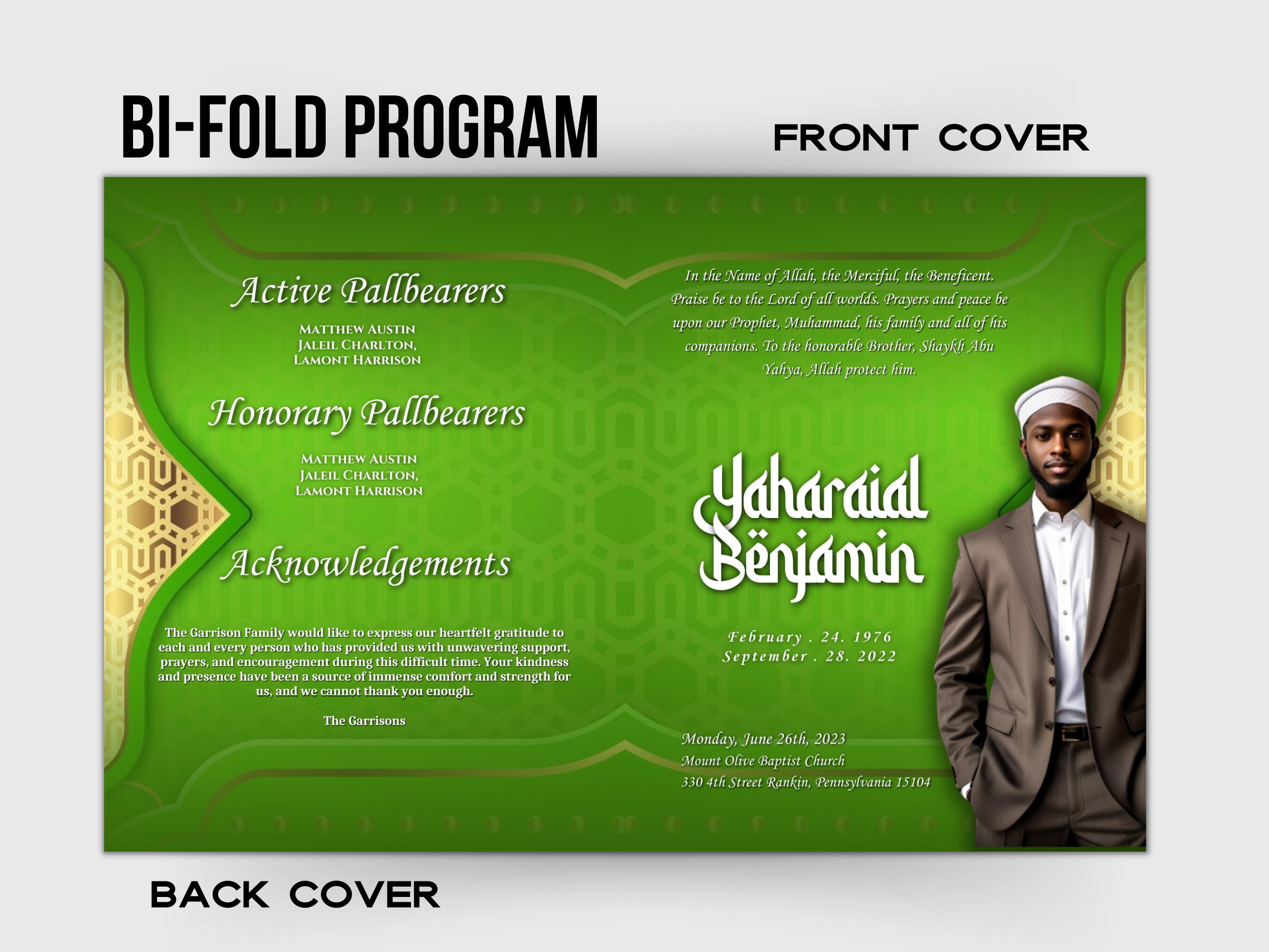 Islamic Funeral Program Template: Green Obituary, Celebration of Life ...