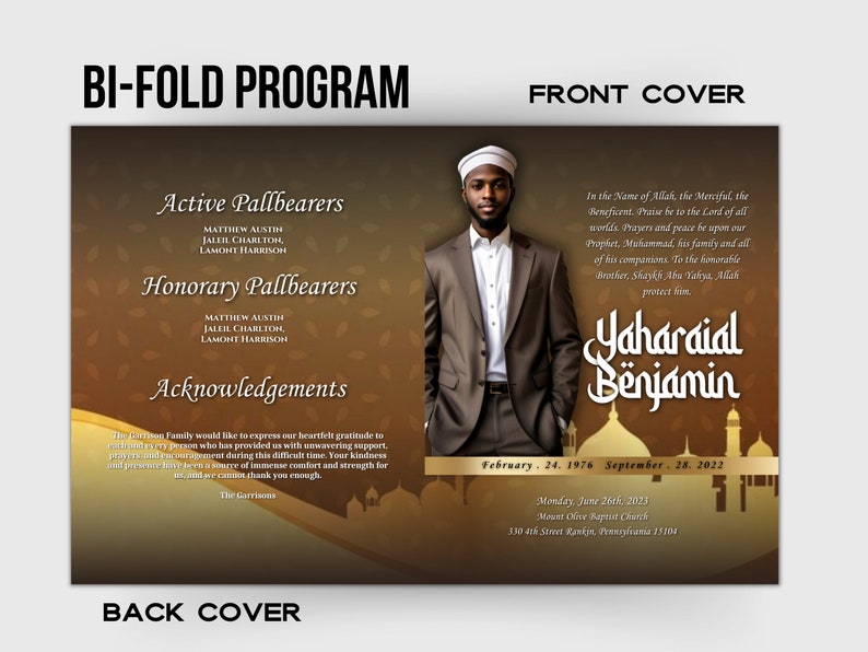 Islamic Funeral Program Template: Golden Obituary, Men's Style (canva ...