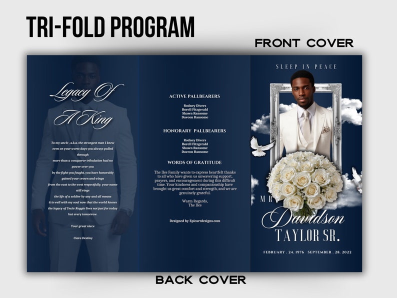 Royal Blue Funeral Program Template: Trifold Memorial Booklet (17x11 ...