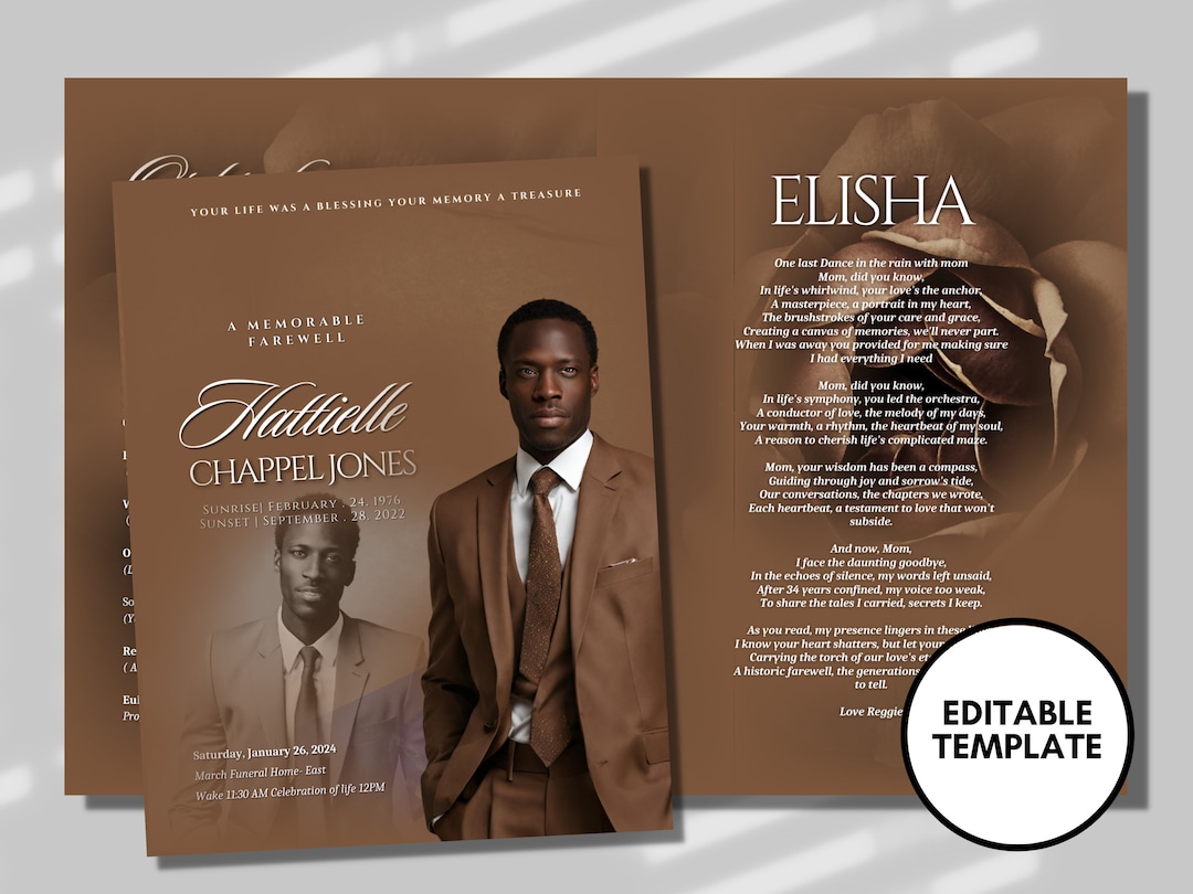 8.5"x 11" Brown Men's Obituary Template (8 Pages) Men's Style Funeral ...