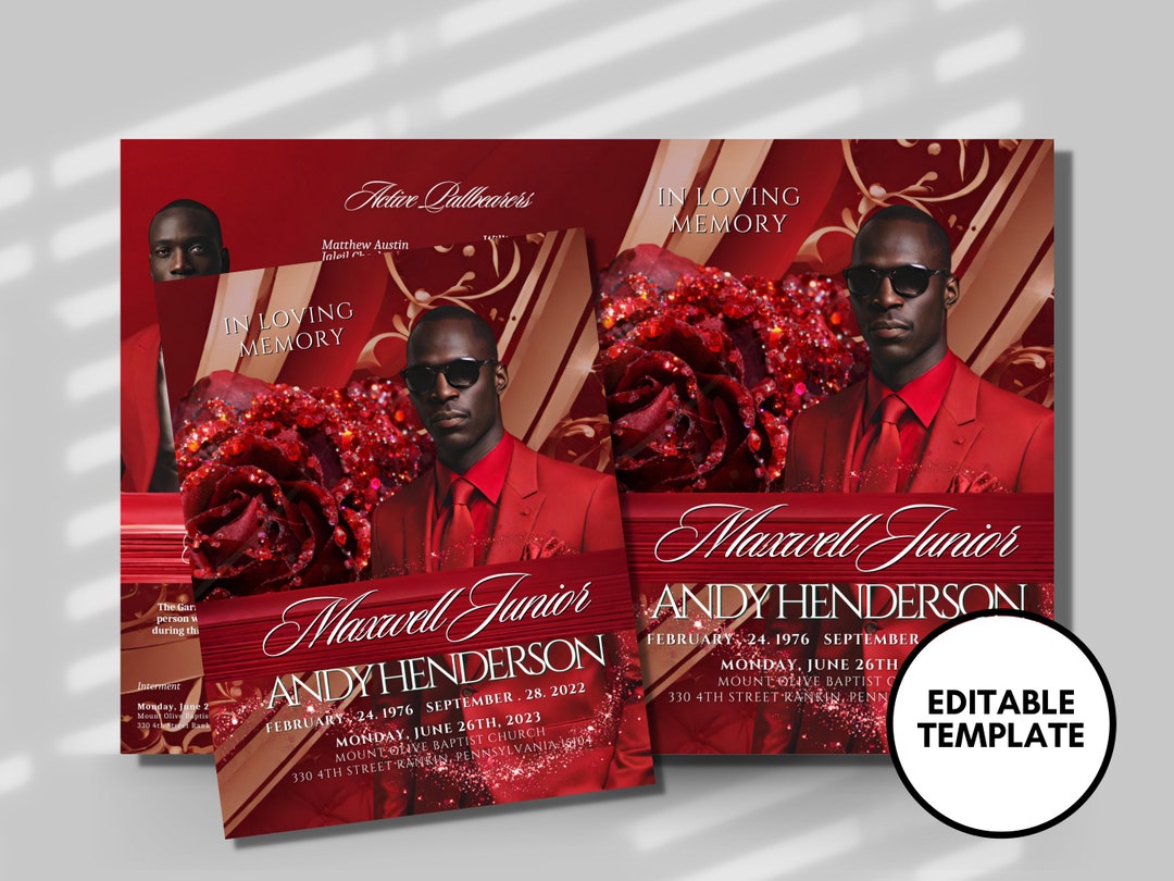 Red Rose Funeral Program Template: Glitter Celebration of Life (digital ...