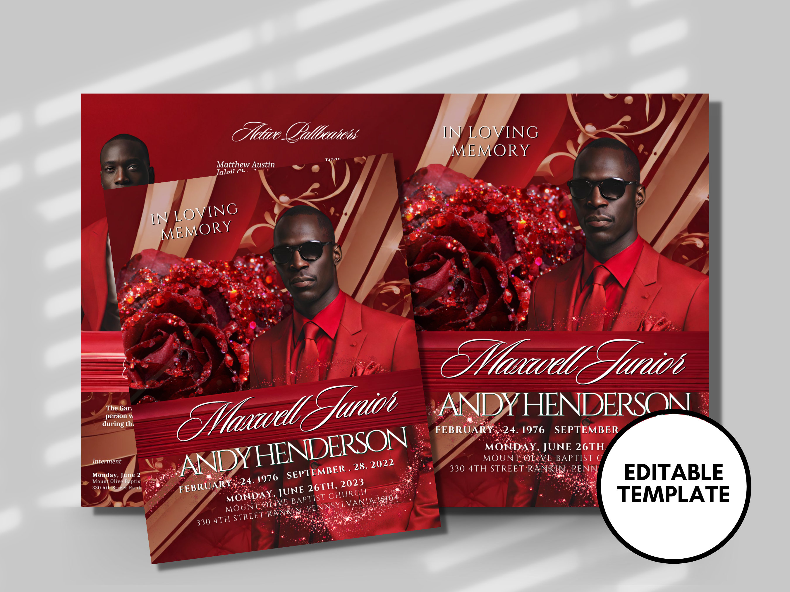 Red Rose Funeral Program Template: Glitter Celebration of Life (digital ...