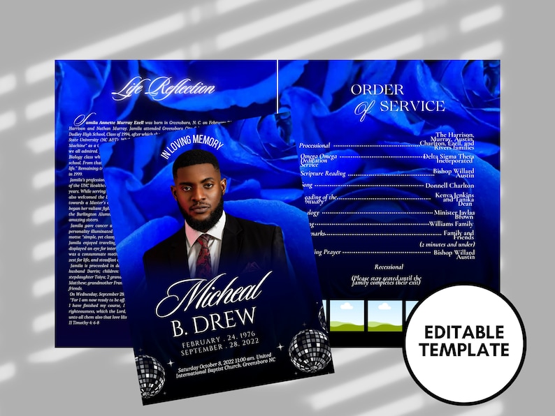 8.5x 11 BLUE OBITUARY BOOOKLET 4 Pages elegant Style Funeral Program ...