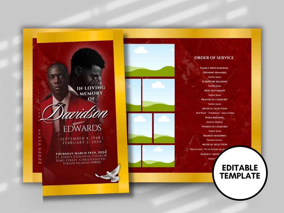 Funeral Programs 17x11 Editable Template TRIFOLD Mens Red & Gold Luxury ...