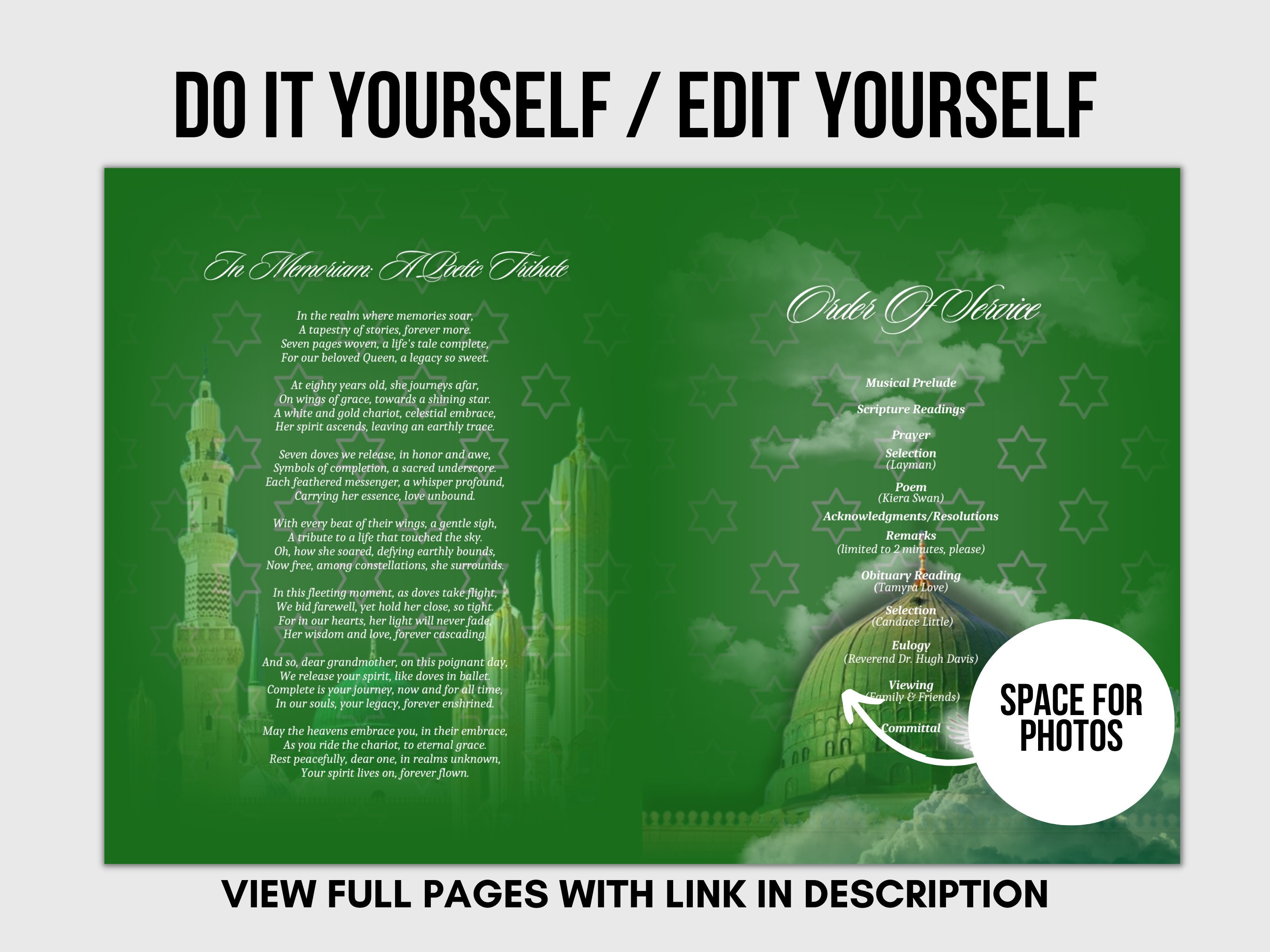 Islamic Funeral Program Template: Green Obituary, Celebration of Life ...